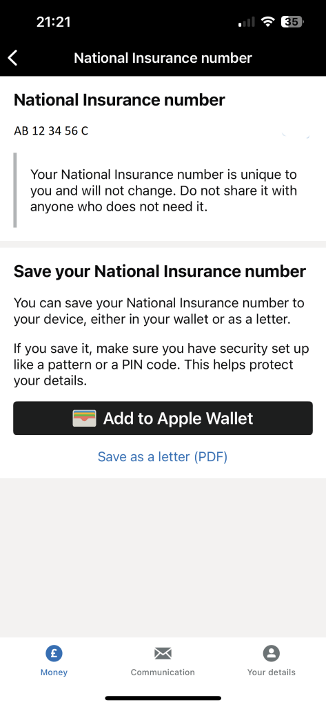 National Insurance Number – Apple Wallet – PAYadvice.UK